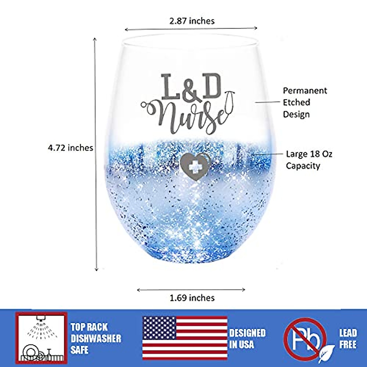 Osci-Fly Valentines Day Gifts for Nurse, L&D Nurse Handmade Blue Etched Wine Glass 18 Ounces - Creative Gift for Nurses