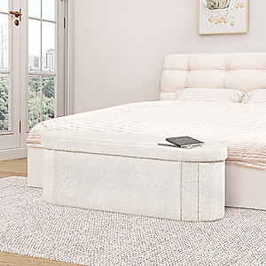 B FSOBEIIALEO Ottoman with Storage for Living Room, Sherpa Folding Storage Ottoman Foot Rest, 43.3 Inches Collapsible Bedroom Bench White