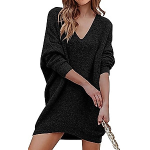 PRETTYGARDEN Women's Pullover Sweater Dress Casual Long Sleeve Ribbed Knit V Neck Loose Oversized Sweaters Dresses (Black,Large)