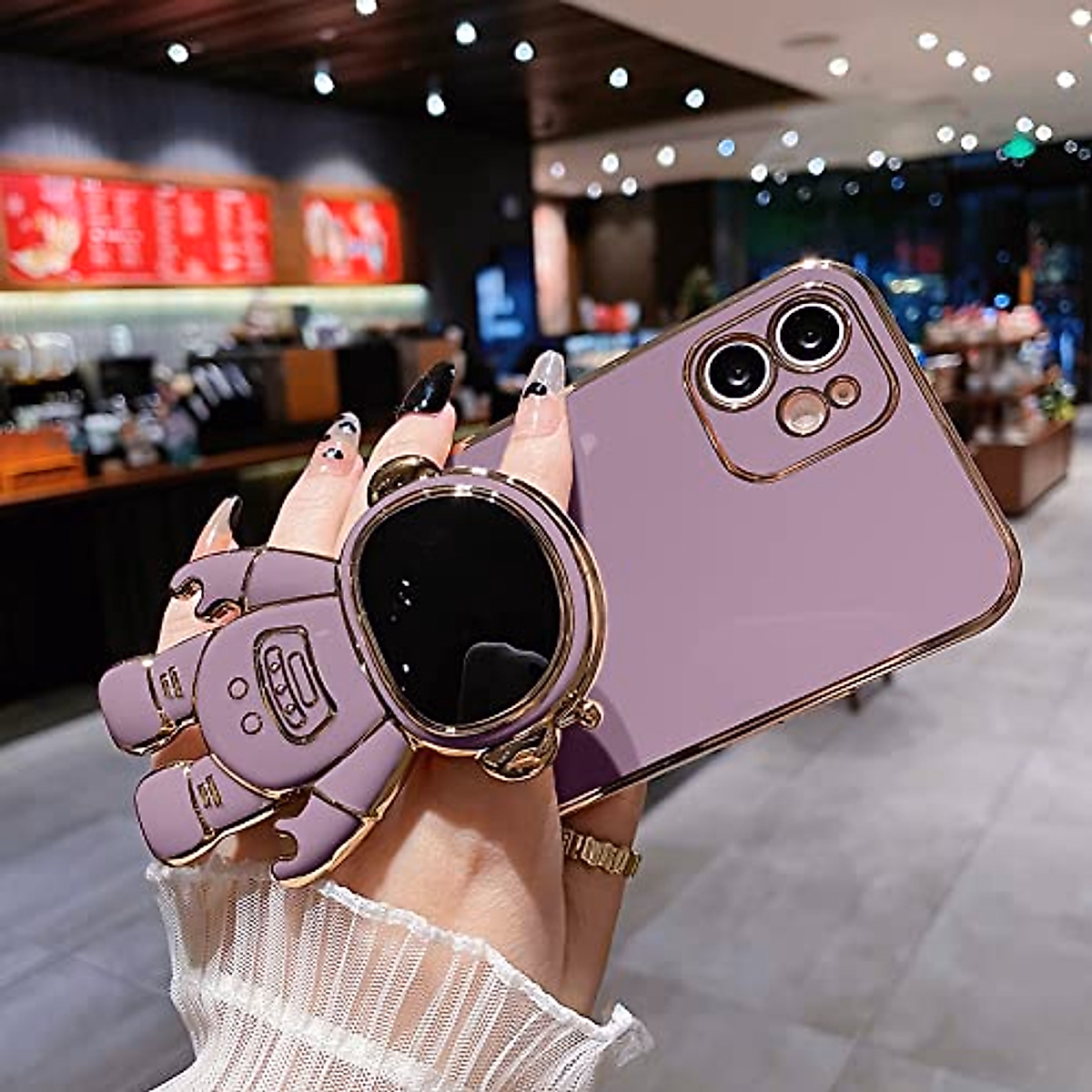 AIGOMARA 6D Plating Astronaut Hidden Stand Case Cover for iPhone 11 Women Astronaut Folding Bracket Kickstand iPhone Case with Camera Protector Soft TPU Shockproof Bumper 6.1 in 2019 - Purple