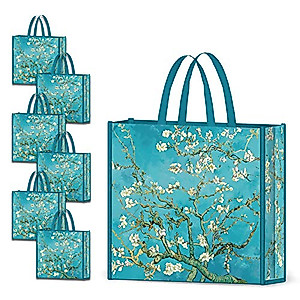 NymphFable 6 Pack Grocery Bags Reusable Almond Blossoms Shopping Bags Waterproof Tote Bag Gift bags 50LBS