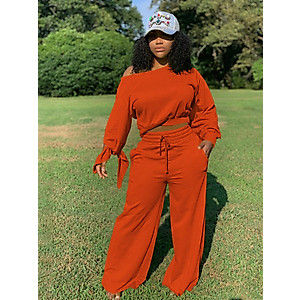 TOPSRANI Women's 2 Piece Outfits Casual Solid Sweatsuits Baggy Long Sleeve Loose Matching Wide Leg Tracksuit Pants Sets Orange L