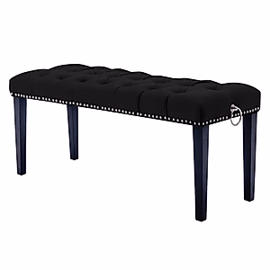 HEAH-YO Modern Velvet Tufted Bench, 18" Seat Height Upholstered Ottoman Dining Bench with Pull Rings, Nailhead Trim Footstool for Entryway Bedroom Kitchen Dining Table, Black