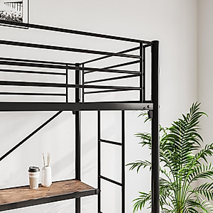 JURMERRY Metal Loft Bed with Desk & 2 Built-in Ladders,Safety Guard Rail, Space-Saving Design, No Box Spring Needed, Twin Black