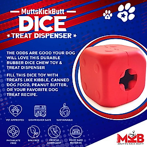 SodaPup MuttsKickButt Dice – Durable Dog Treat Dispenser & Chew Toy Made in USA from Non-Toxic, Pet Safe, Food Safe Natural Rubber for Mental Stimulation, Problem Chewing, Calming Nerves, & More