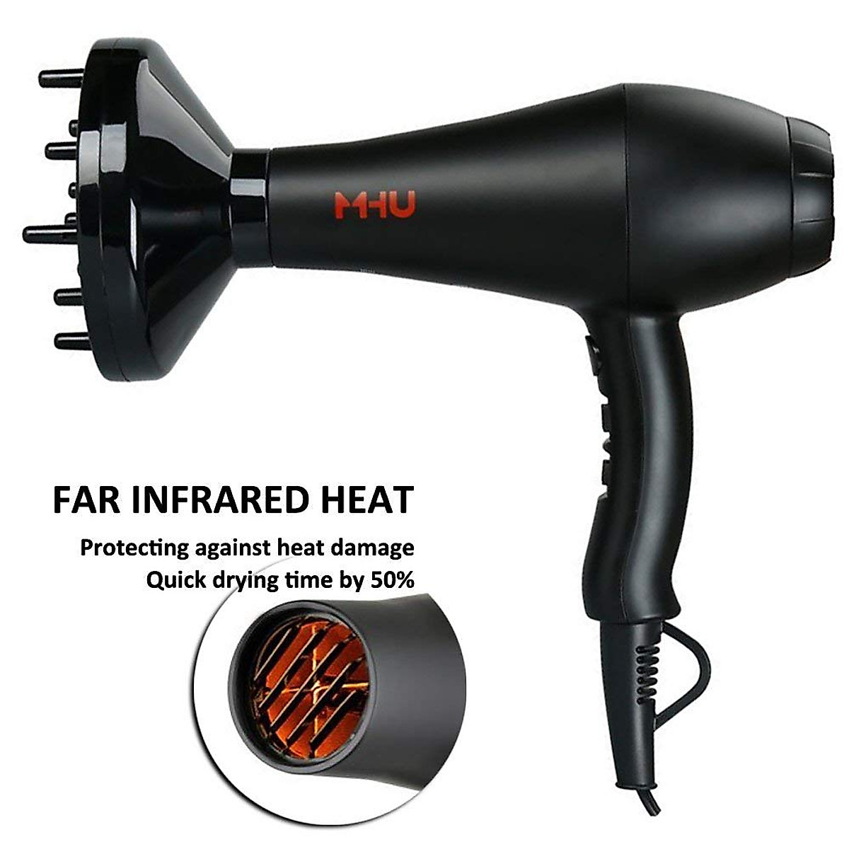 MHU Professional Salon Grade 1875w Low Noise Ionic Ceramic Ac Infrared Heat Hair Dryer Plus One Concentrator and One Diffuser Black Color