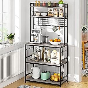 JAMFLY Kitchen Bakers Rack with Power Outlet, Coffee Bar Cabinet, Kitchen Racks with Storage Cabinet, 5-Tier Microwave Stand with 10 Hooks and Metal Wire Panel (31.5'', Gray)