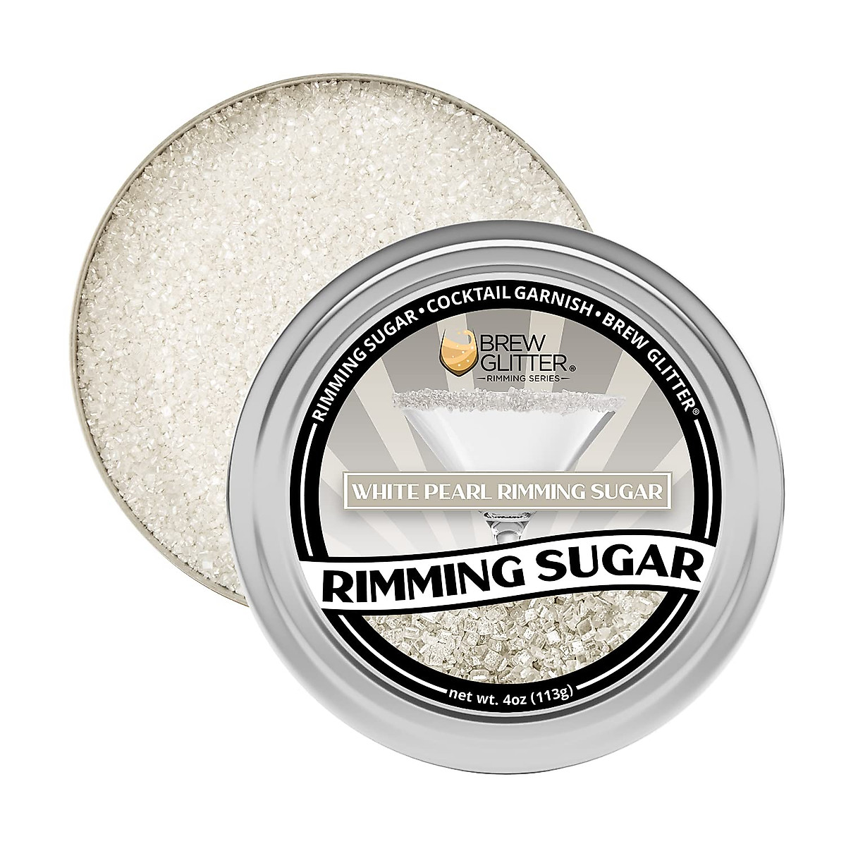 BREW GLITTER White Pearl Cocktail Rimming Sugar, Drink Rimmer for Beverages, Cocktails, Margaritas, Drinks, Kosher Certified (4oz, White Pearl)
