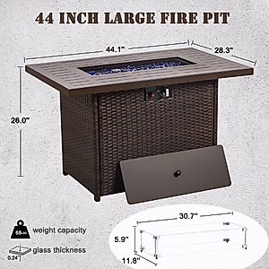 Vakollia Propane Fire Pit Table,44 Inch 55000 BTU Outdoor Gas Fire Pit Rectangular with Glass Wind Guard for Outside Patio Deck (Brown-Aluminum Top)