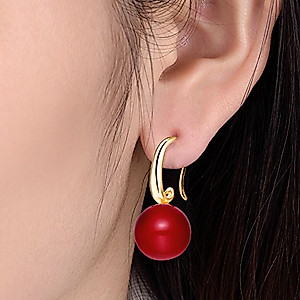 Merdia Charming Earrings Drop Simulated Pearl Hook Earrings 12MM Red | Pearl Earrings for Women | Pearl Jewelry | Women's Earrings | Earrings for Women Trendy | Pearl Drop Earrings | Pearl Earring