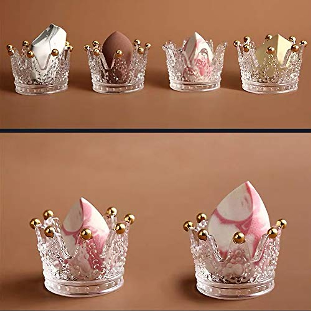 Lemonadeus Beauty Blender Holder Makeup Sponge Holder Crown Glassware Stand Storage Powder Puff Display Stand（2 Pack） (1 gold and 1 clear)
