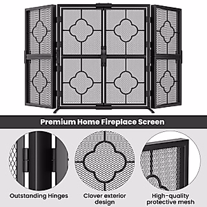 Amagabeli 48 x 28 Inch Fireplace Screen with Doors 3 Panel Foldable Wrought Iron Furnace Fireguards Fireplace Cover Free Standing Large Screen for Fireplace Wood Burning Metal Mesh Fire Spark (Black)