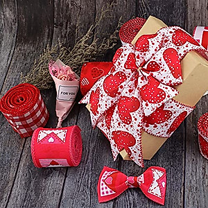 6 Rolls Heart Wired Ribbon 2.5" Valentine's Day Burlap Ribbon Buffalo Plaid Red Pink Heart Truck Love Letter Ribbon for Gift Wrapping Home Wedding Anniversary Decor Bows Wreath Craft, 30 Yards