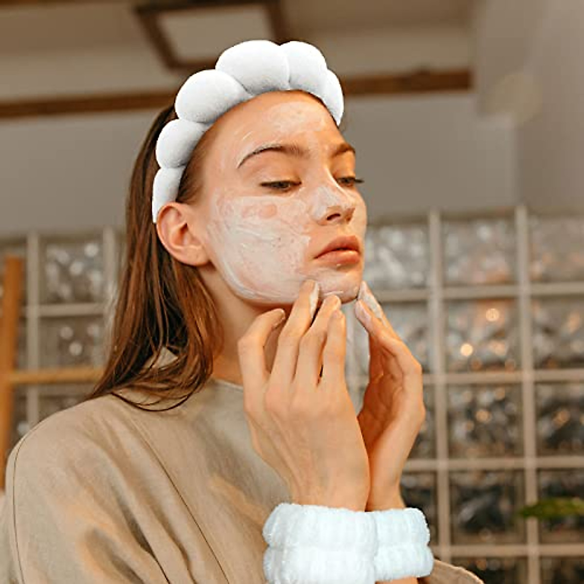 ZZGC Spa Sponge Headband for Washing Face, Makeup Headband with 2Pcs Wrist Washband Hair Band for Makeup Removal, Skincare (White)