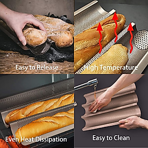 Baguette Pans for Baking 15" x 11", Carbon Steel 3 Loaf Nonstick Baguette Baking Tray for French & Italian Perforated French Bread Pan