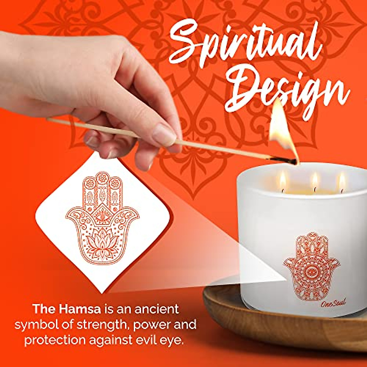 Moroccan Amber Scented Candles with 3 Wicks, Hand-Poured Aromatherapy Candle, Aesthetic Candles with Hamsa Design, Large Candle Made of Palm Wax, 50-Hour Burn Time, 14oz - OneSoul Collection