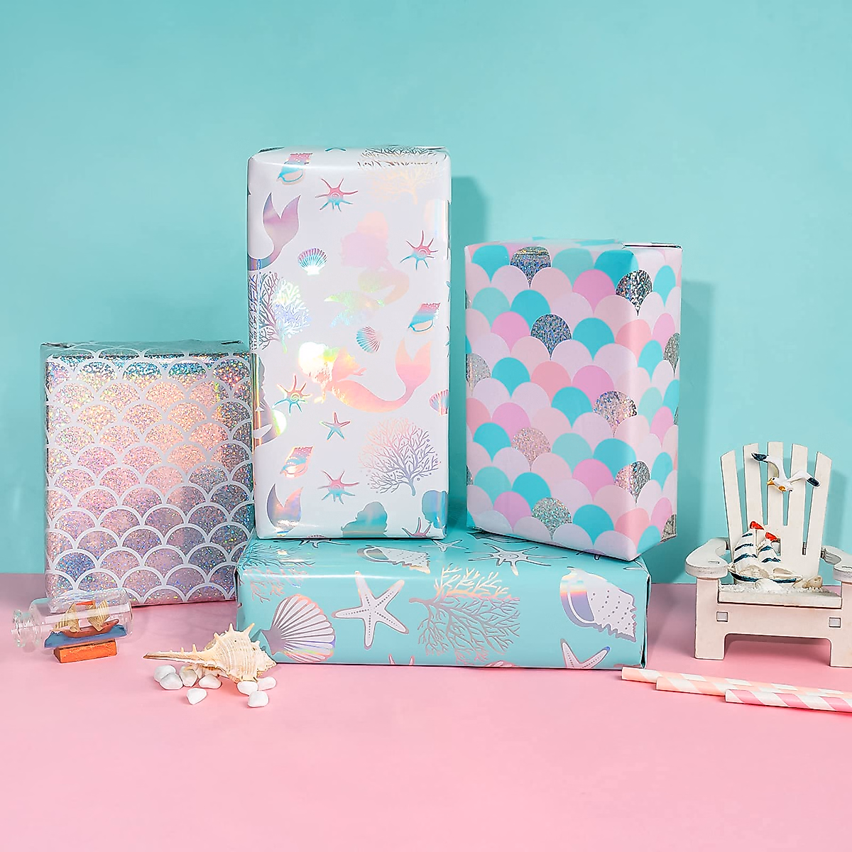 WRAPAHOLIC Wrapping Paper Roll - Mermaid Scale and Jellyfish Design with Colorful Foil for Birthday, Holiday, Baby Shower - 4 Rolls - 30 inch X 120 inch Per Roll