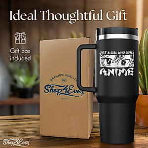 shop4ever Just A Girl Who Loves Anime Engraved Insulated Stainless Steel Tumbler with Handle, Lid, and Straw 40 oz. Anime Fans Anime Lovers Birthday Gift (Black)