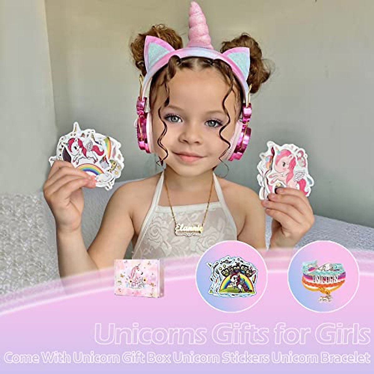 lalacosy Kids Headphones,Wired Headsets with Gifts Packing Include Sticker&Bracelet for Girls,Built-in Mic&On/Over Ear HD Stereo for Online Study/School/Tablet with Nylon Cable