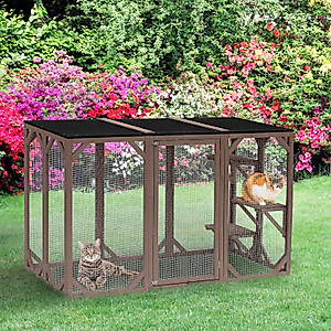 PawHut Outdoor Cat House, Catio Wooden Feral Cat Shelter, Cat Cage with Platforms, Large Enter Door, Weather Protection Asphalt Roof, 71" L, Brown