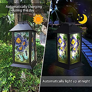 Large Solar Lantern Outdoor Hanging Lights, Waterproof 20 LED Decorative Garden Lights, Glass Solar Lanterns Table Lamps with Butterfly Flowers Pattern for Yard Patio Pathway Deck Decor