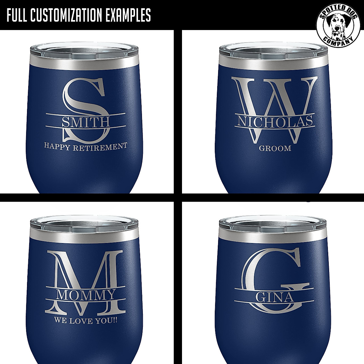 Personalized 12oz (17 Colors) Powder Coated Stainless Steel Stemless Wine Tumbler with Lid, Custom Etched, Customized Wine Gift for Women Her, Wine Lover, Halpert Monogram Initial Name (Navy Blue)