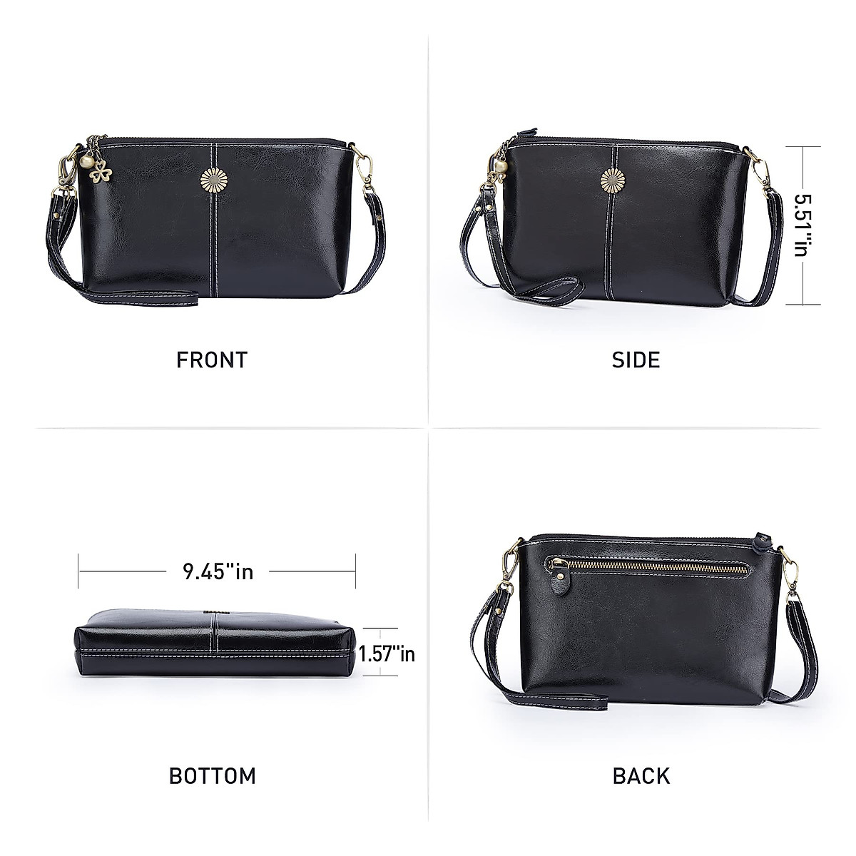 Perenne Small Crossbody Purses for Women Clutch Crossbody Bag Wristlet Handbags Large Capacity Genuine Leather Double Zipper with Wrist Shoulder Strap Black