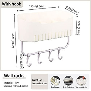 Bathroom Shower Basket Wall Mounted Shower Caddy Shelf with Hooks, No Drilling Removable Bathroom Shelf Organizer for Shampoo, Body Wash, Conditioner, Plastic Shower Rack for Kitchen & Bathroom
