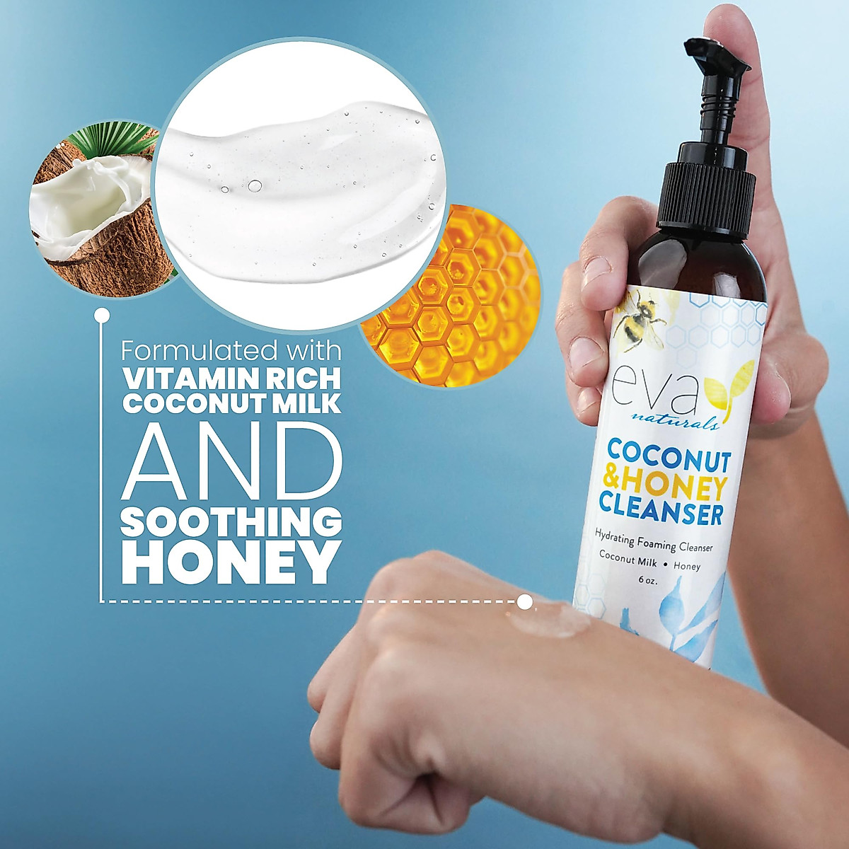 Eva Naturals Coconut & Honey Cleanser Hydrating Foaming Cleanser - Moisturizing, Non-Stripping Daily Acne Face Wash For All Skin Types - 6 Fl Oz
