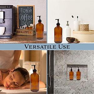 32-Ounce Amber Glass Lotion Pump Bottles (2-Pack); Quart Size Brown Bottles w/Black Plastic Locking Pump Dispensers; Includes Chalk Labels