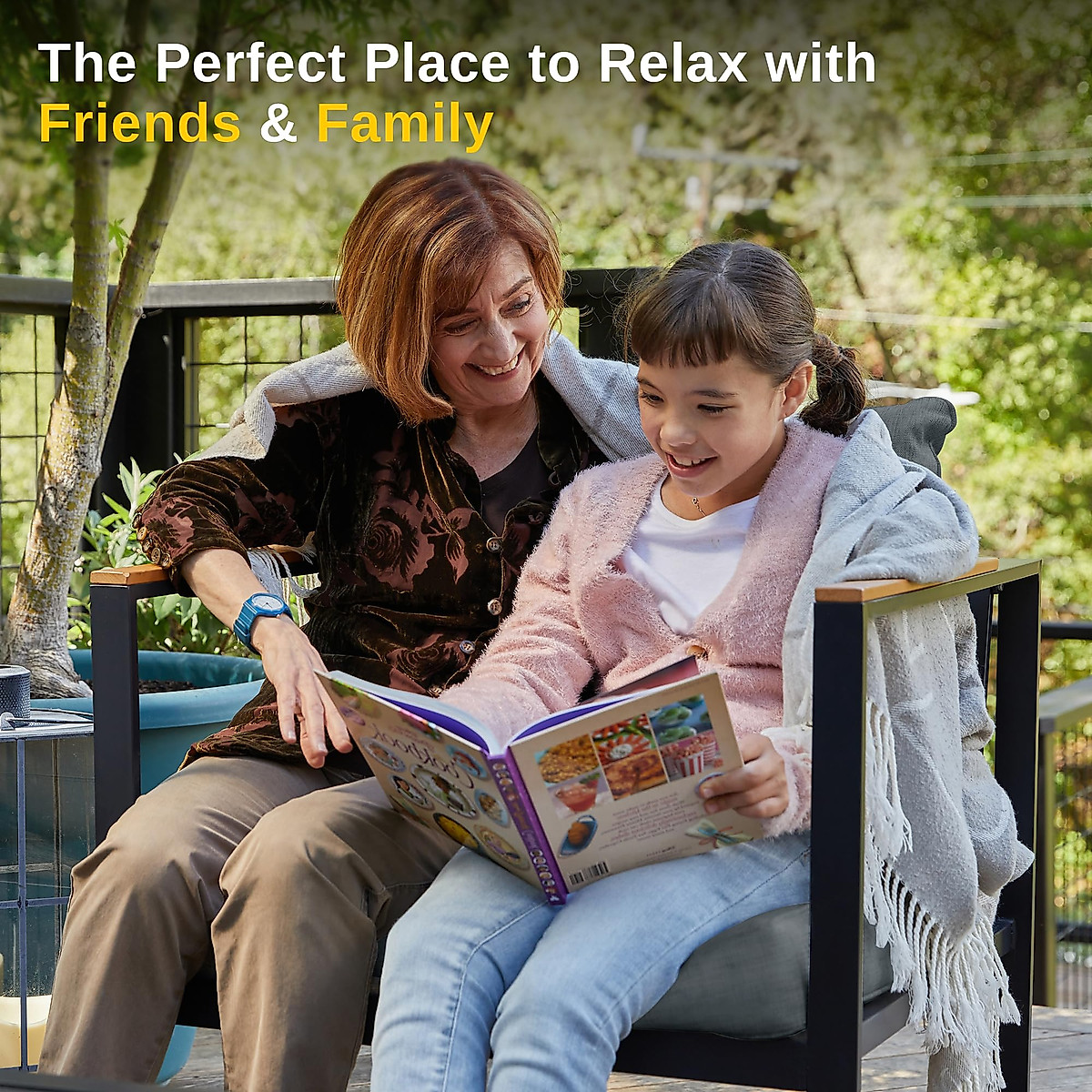 EAST OAK Courtyard Patio Furniture Set, 4-Piece Outdoor Patio Set with Sofa, Removable & Washable Deep Seating Cushion, Tempered Glass Table, Outside Patio Conversation Sets, Black & Dark Grey