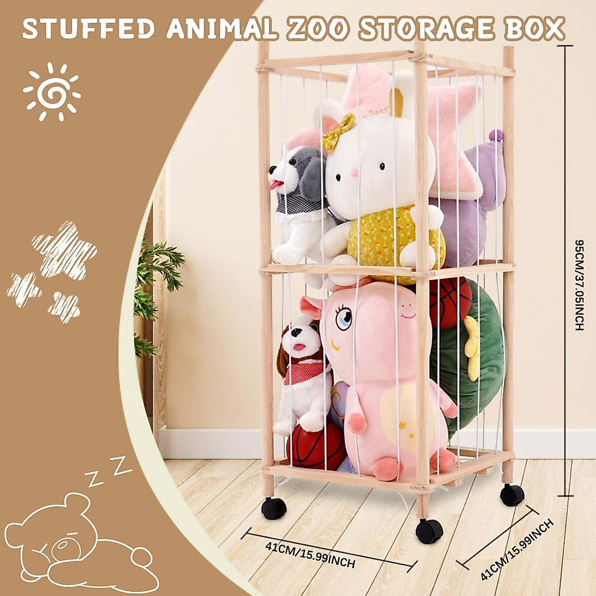 Stuffed Animal Storage, Stuffed Animal Zoo Wood Storage Box with 360° Brake Wheels, Toy Organizer Plush Toy Holder Nursery Room Organizer Zoo Cage for Kids Playroom, Bedroom, Nursery