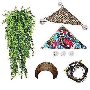 PINVNBY Bearded Dragon Habitat Decor Reptile Hammock Lizard Terrarium Lounger Ladder Accessories Coconut Shell Hut Hideout Cave Natural Seagrass Jungle Climber Tank Decoration for Gecko,Snake(5 Pcs)