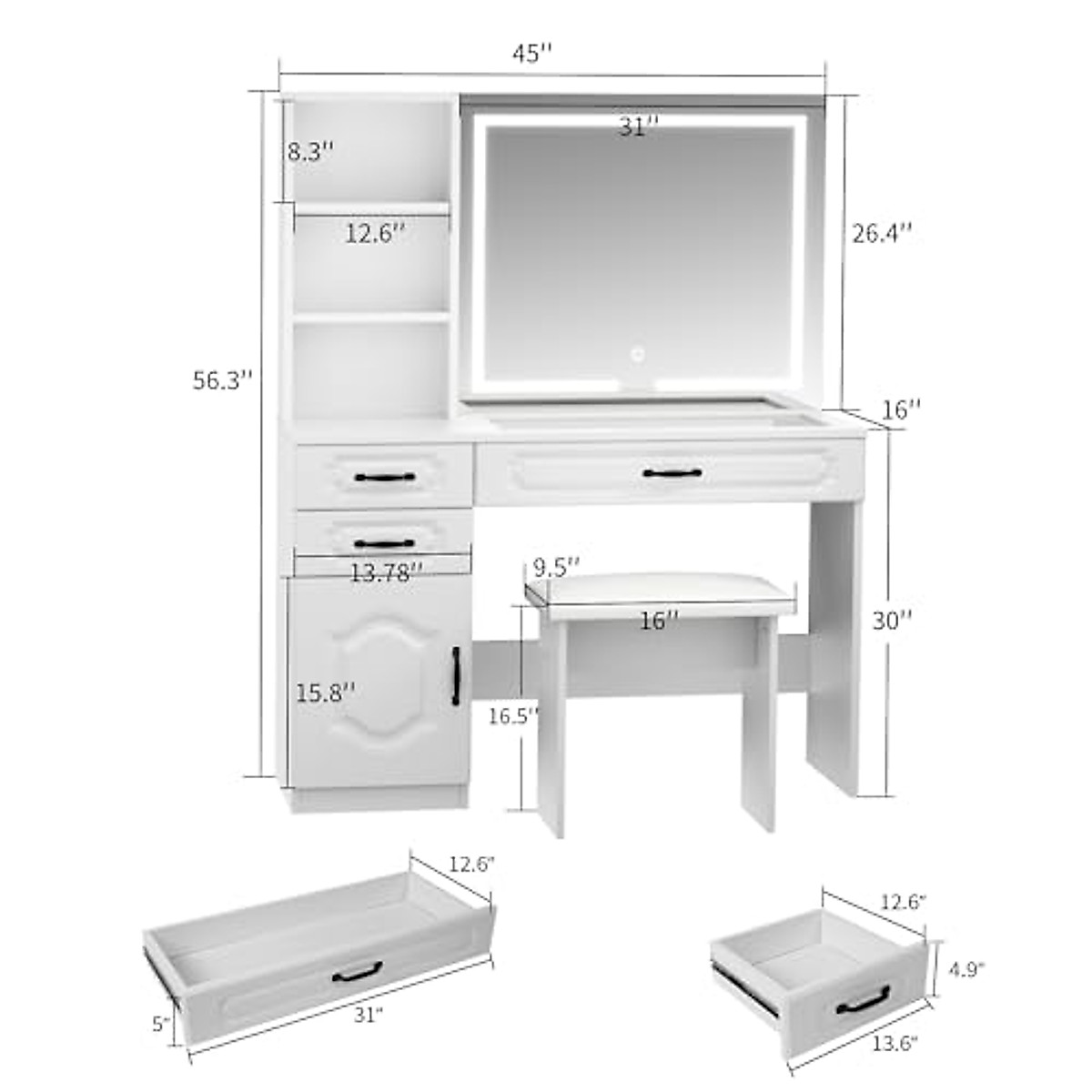 VOWNER Vanity with Lighted Mirror - Makeup Vanity Desk with Glass Top, Power Strip, Drawers and Shelves, 3 Color Lighting Modes Adjustable Brightness, Vanity Table with Cushioned Stool, 45'' L