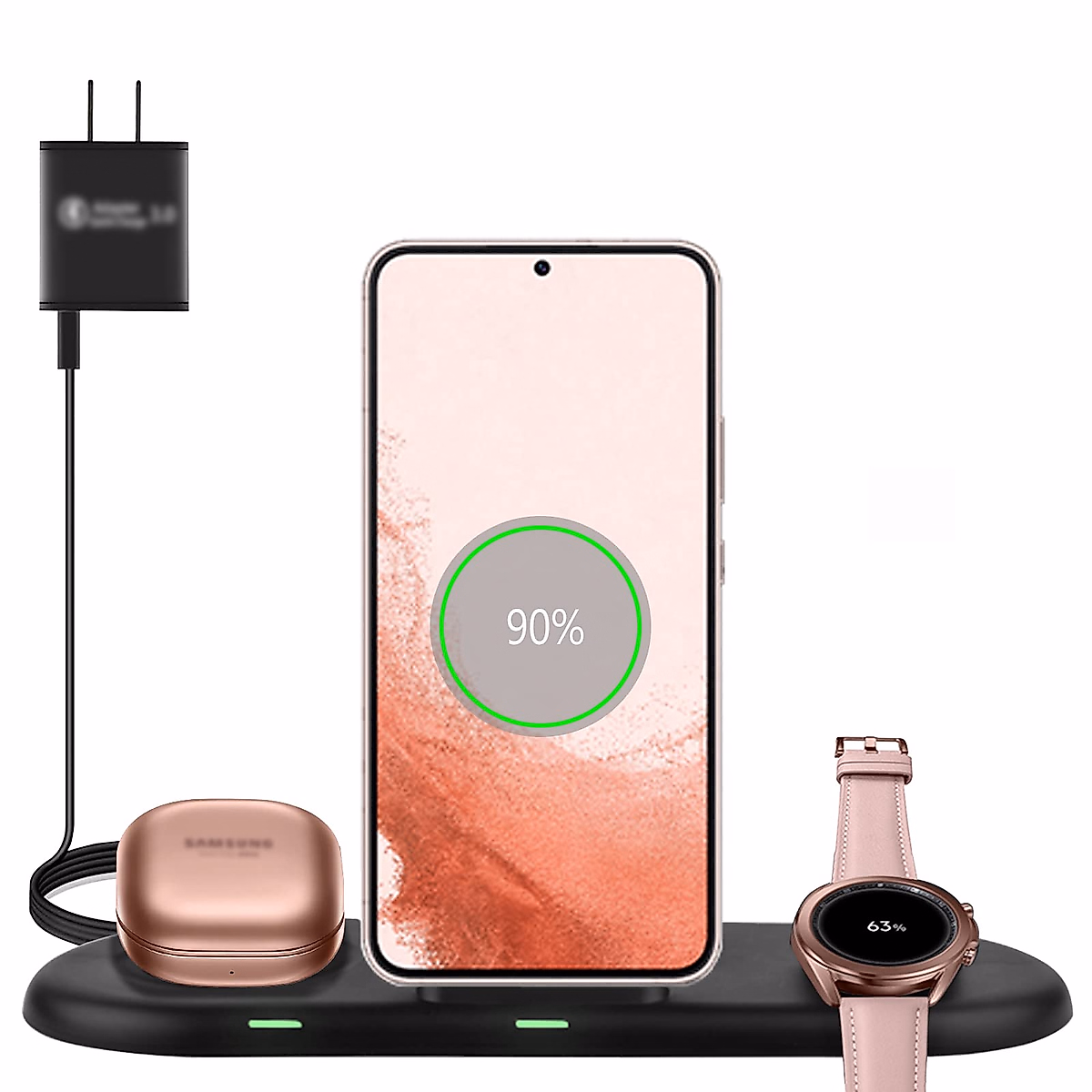 Wireless Charging Station 3 in 1, Fast Wireless Charger for Samsung Galaxy Watch 4, Active 2 Series and Galaxy Buds Series, Phone Charger Stand Dock Compatible with Samsung Galaxy S22 S20 Note(Black)
