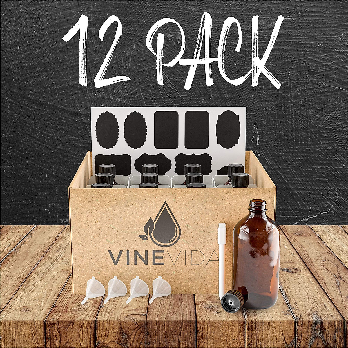 VINEVIDA 8 oz Amber Glass Bottles - 12 Pack Amber Boston Glass Bottles With Poly Cap and Accessories - Chalk Labels, Funnels - Empty Tincture Bottles for Essential Oils, Lab Chemicals, and Perfumes