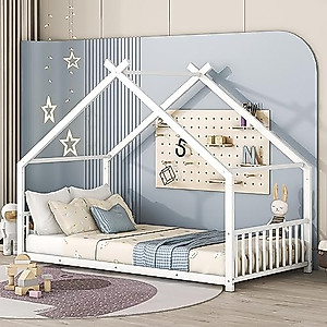 DNYN Twin Size Metal House Bed with Roof Design for Kids Bedroom,Sturdy Steel Bedframe,No Box Spring Needed, White