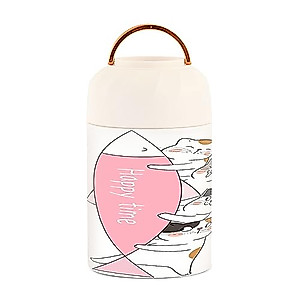 CUPADA Funny Cat Fish Food Jar, Happy Time Summer Insulated Hot Food Jars Vacuum 17OZ with Folding Spoon for Work Trip Picnic Camping