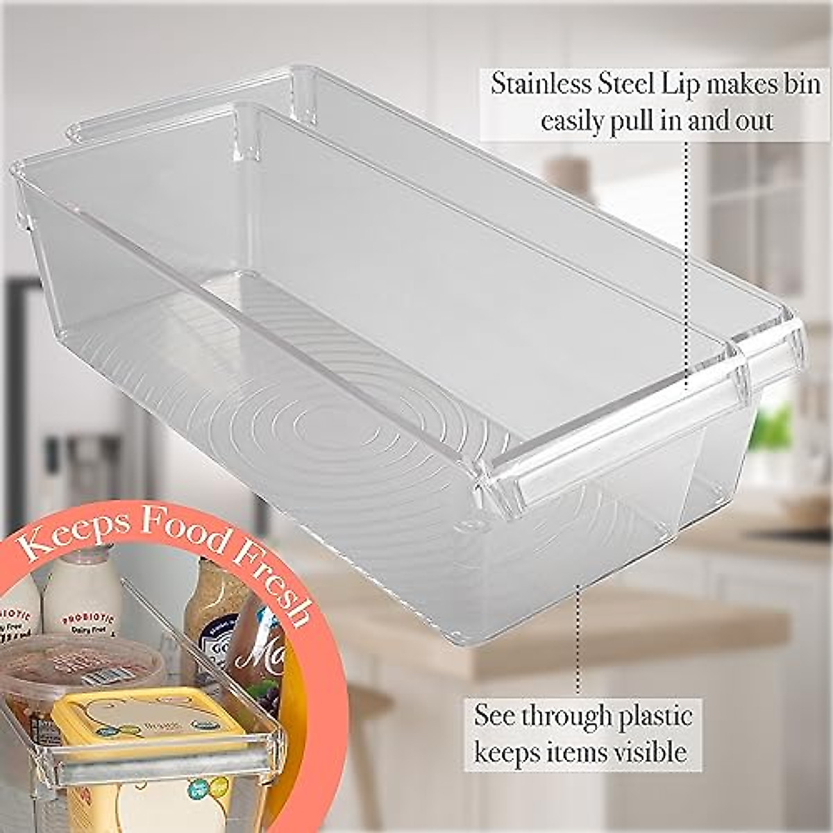 Kitchen Details 2 Pack Slim Refrigerator Storage Bin | Fridge & Freezer | Kitchen Organization | Stainless Steel Handle | Countertop | Cabinets | Pantry | Clear