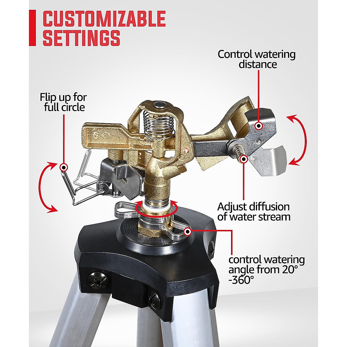 YAMATIC Impact Sprinkler on Adjustable Tripod Base, 360 Degree Large Area, Heavy Duty Adjustable Pulsator Sprinkler for Lawn, Yard and Grass Irrigation, Spray up to 20-90ft(Brass Head)