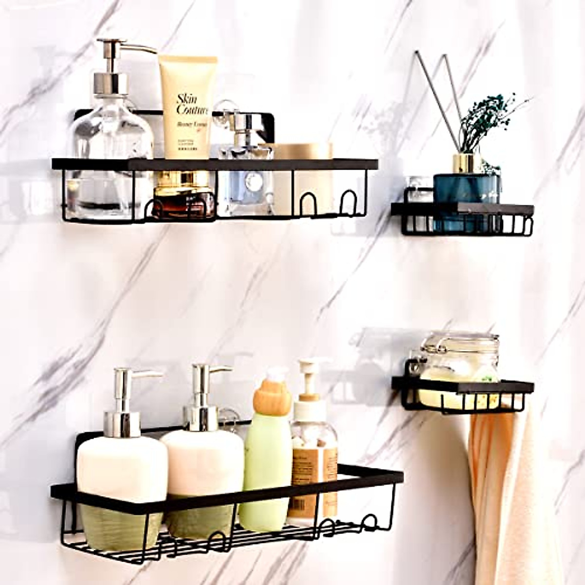 BALANDUKO Shower Caddy Shelf Bathroom Organizer 2 Pack with 2 Soap Dishes, Adhesive Shower Shelves Basket with 4 Hooks, 304 Rust Proof No Drilling Wall Mount Storage Accessories for Bathroom Kitchen