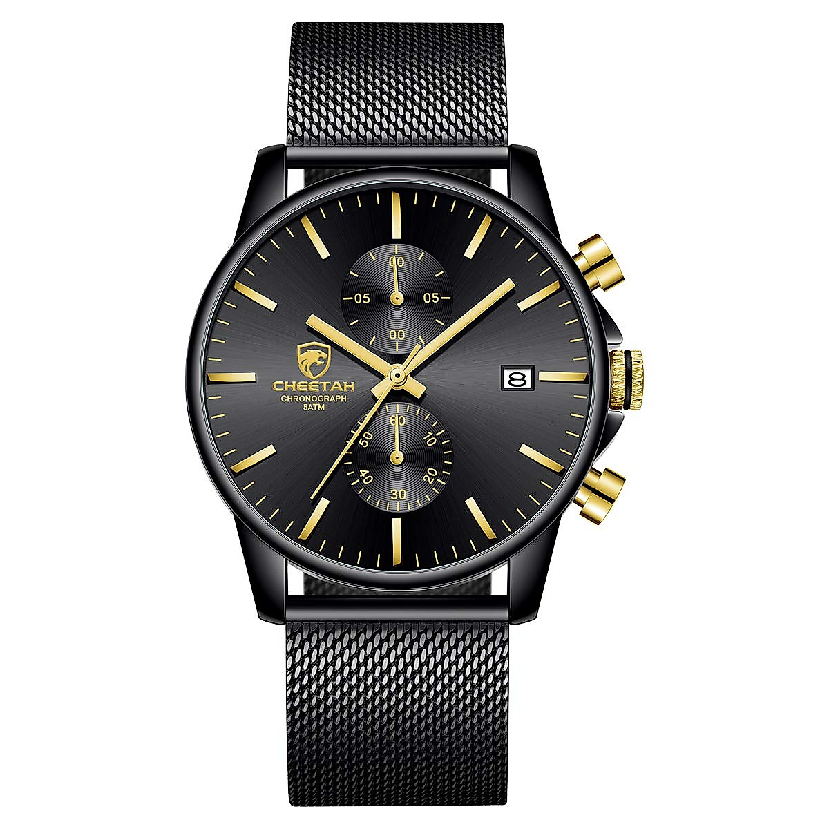 GOLDEN HOUR Men’s Watch Fashion Sport Quartz Analog Mesh Stainless Steel Waterproof Chronograph Watches, Auto Date in Gold Hands, Color: Black