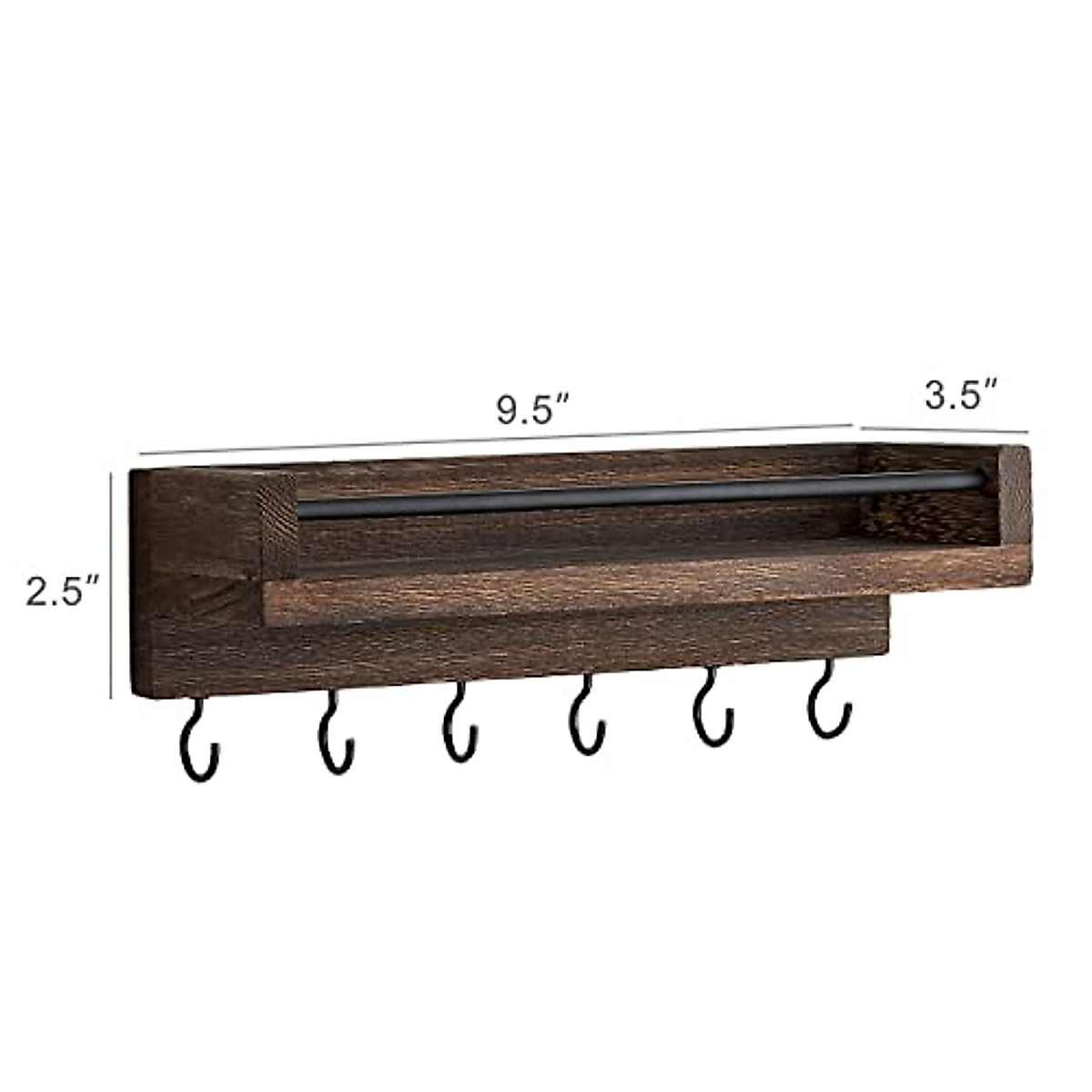 Mkono Key Holder for Wall, 9.5" x 3.5" x 2.5" Small Rustic Wood Floating Shelf with 6 Hooks Decorative Display Key Hanger for Living Room, Entryway, Bedroom, Bathroom,Office, Home Decor