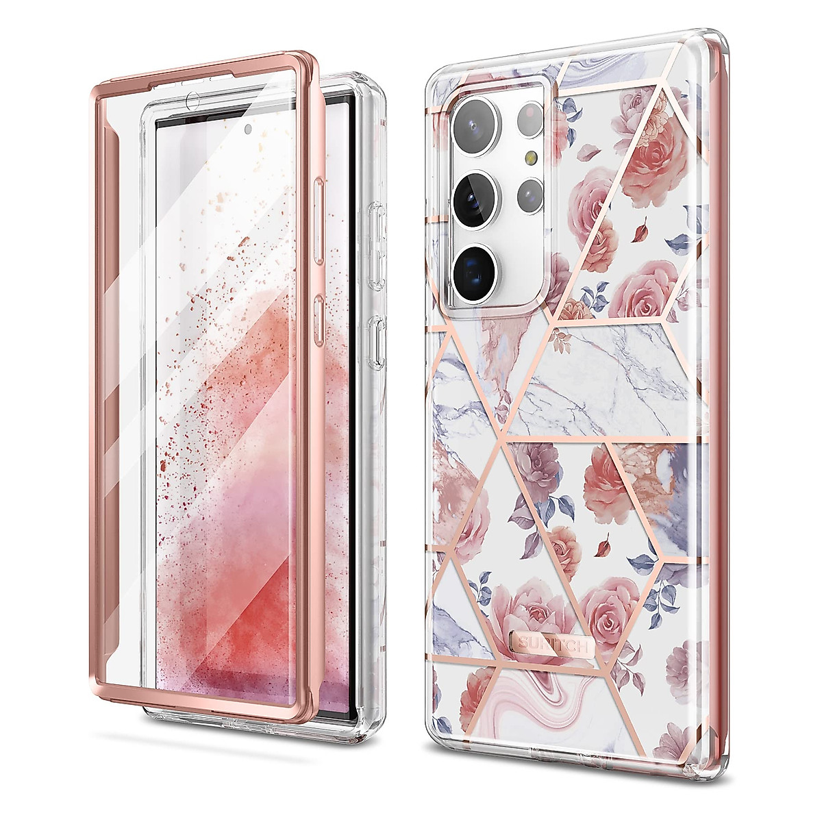 SURITCH for Samsung Galaxy S23 Ultra Case, [Built-in Screen Protector] [Dual-Layer Protection ] Full Protection Shockproof Rugged Bumper Phone Cover for Samsung S23 Ultra 6.8 Inch - Rose Marble