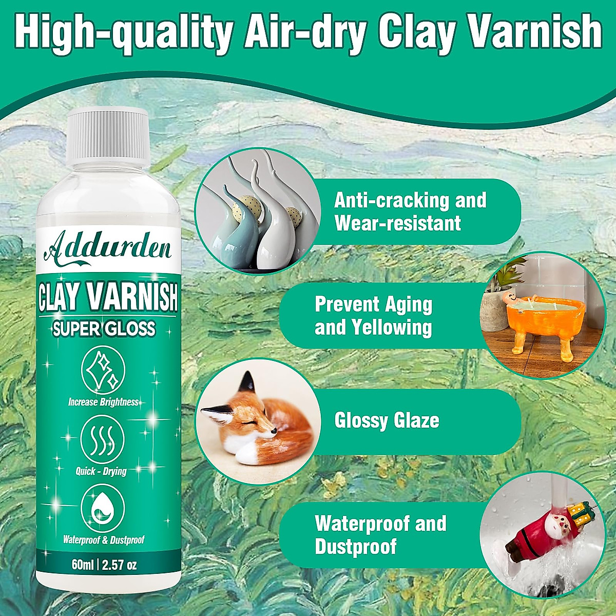 Addurden Air Dry Clay Varnish with 2 Brushes, Acrylic Varnish, Air Dry Clay Glaze, Glaze for air Dry Clay, Ceramics, Oil Painting, Wood, Waterproof, Preventing Crazing & Yellowing (Varnish-60ml)