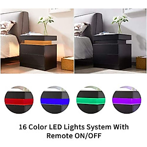 i-aplus Bedside Table with 2 Drawers, LED Nightstand Wooden Cabinet Unit with Lights for Bedroom, Living Room, Black