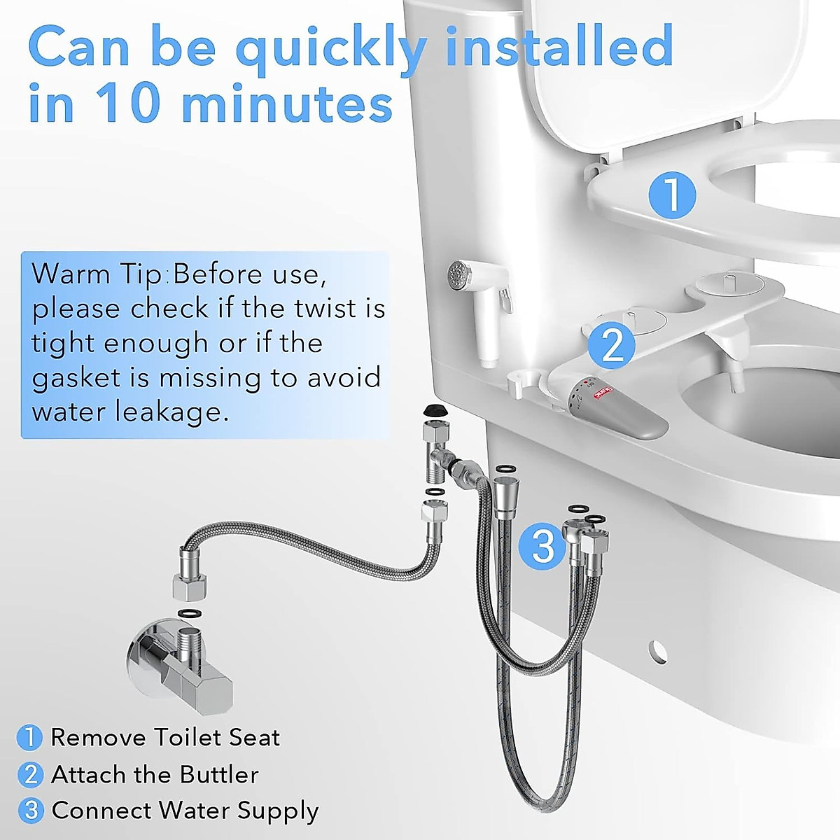 DEANIC 2-in-1 Bidet Attachment with Handheld Bath Bidet Sprayer, Ultra-Slim Adjustable Water Pressure Nozzle, Cold Water Non Electric Hand Sprayer for Toilet Seat (White， 2 Pack)