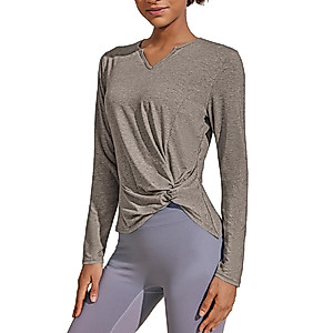 PINSPARK Hiking Shirts for Women Long Sleeve Worktout Tops Athletic Casual Yoga Tee Shirt Breathable Top A_Browm Medium