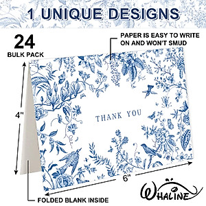 Whaline 24 Pack Flower Bird Thank You Cards Blue and White Floral Greeting Cards with Envelopes Stickers Blank Note Cards for Wedding Birthday Baby Shower Party Supplies, 4 x 6 Inch