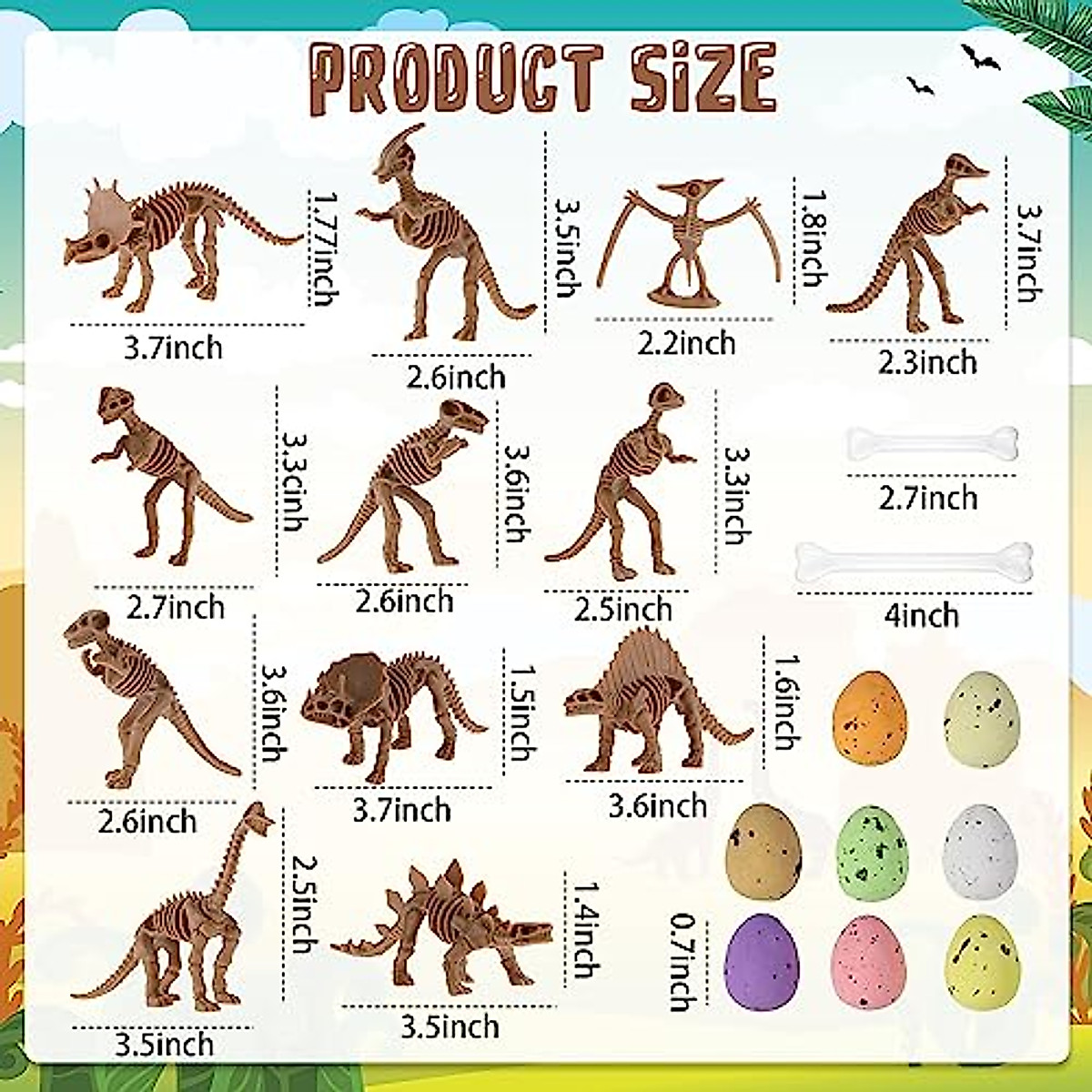 24 Pcs Dinosaur Fossil Skeleton Dino Bones Dino Sand Dig Colorful Foam Dinosaur Eggs and 4 White Plastic Bones Toys for Kids Science Play Dino Sand Dig Halloween Party Decor Supplies (Dark)